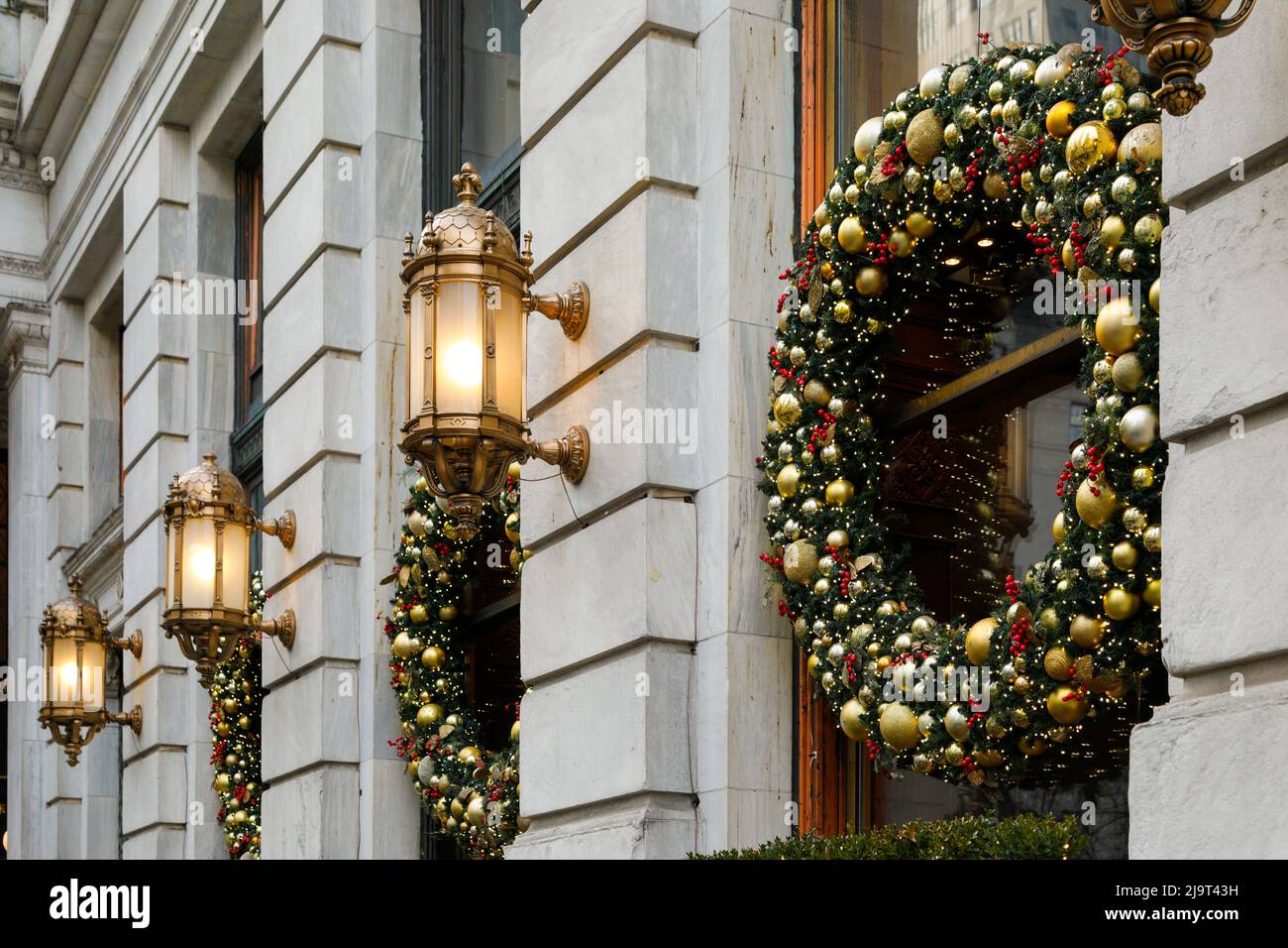 New York City, New York, USA. Christmas decorations and light fixtures ...