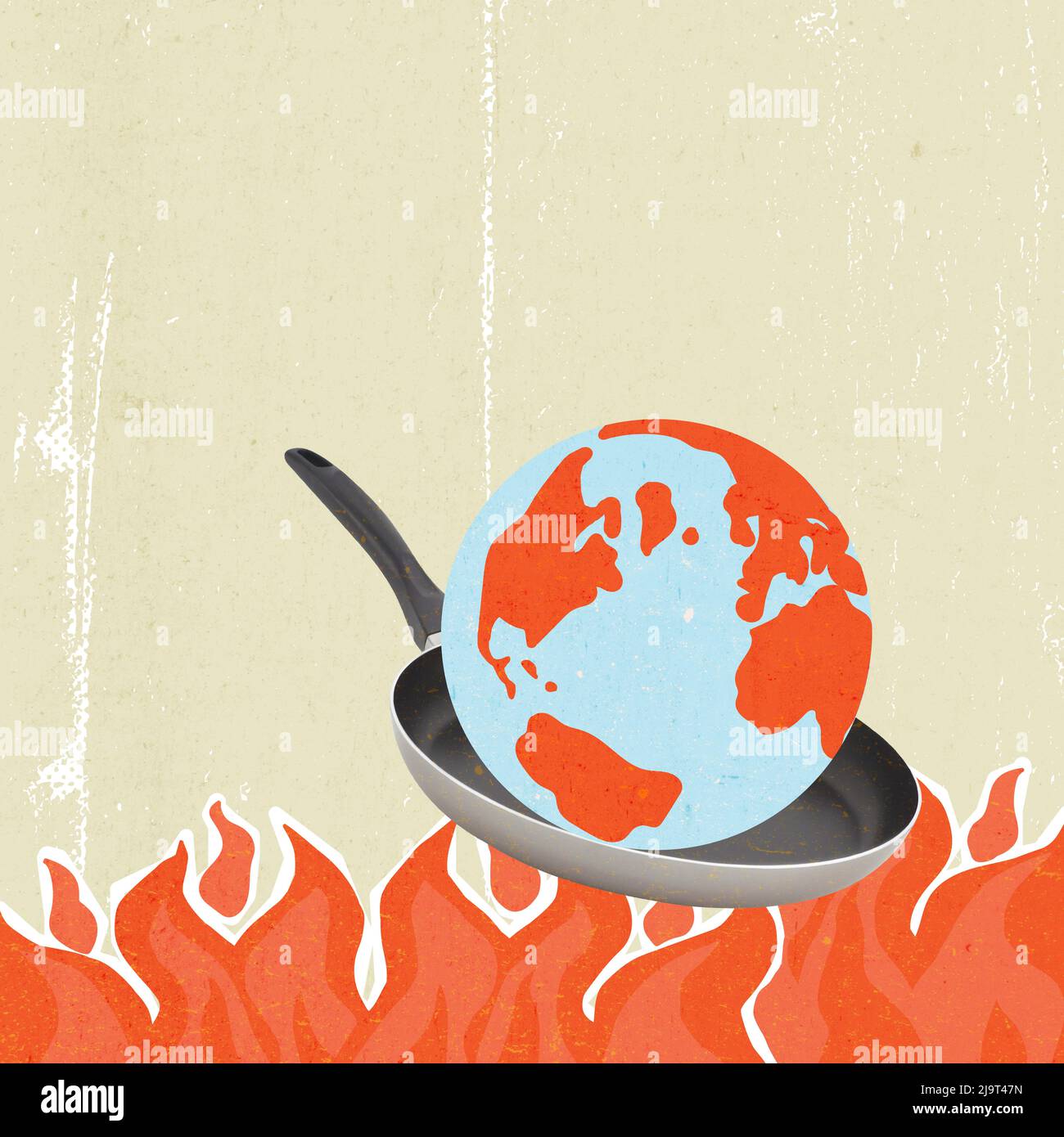 Contemporary art collage. Planet burning on frying pan symbolizing ...