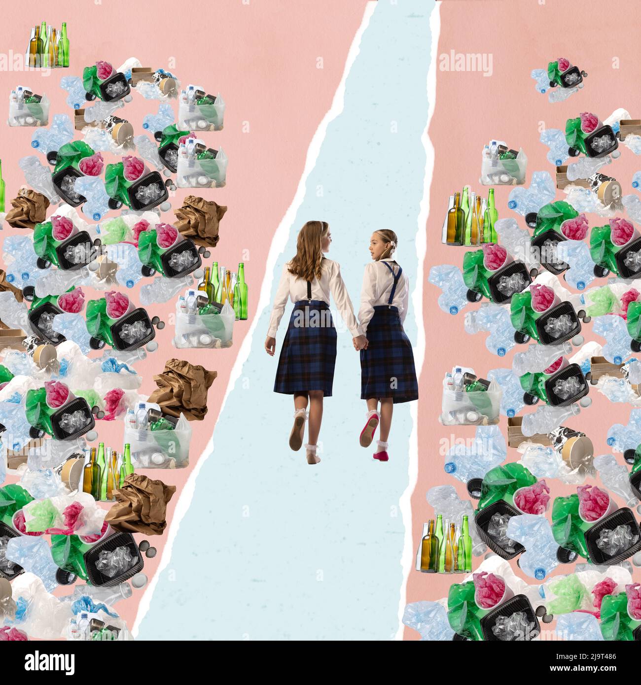 Contemporary art collage. Conceptual image of two girls walking on ...