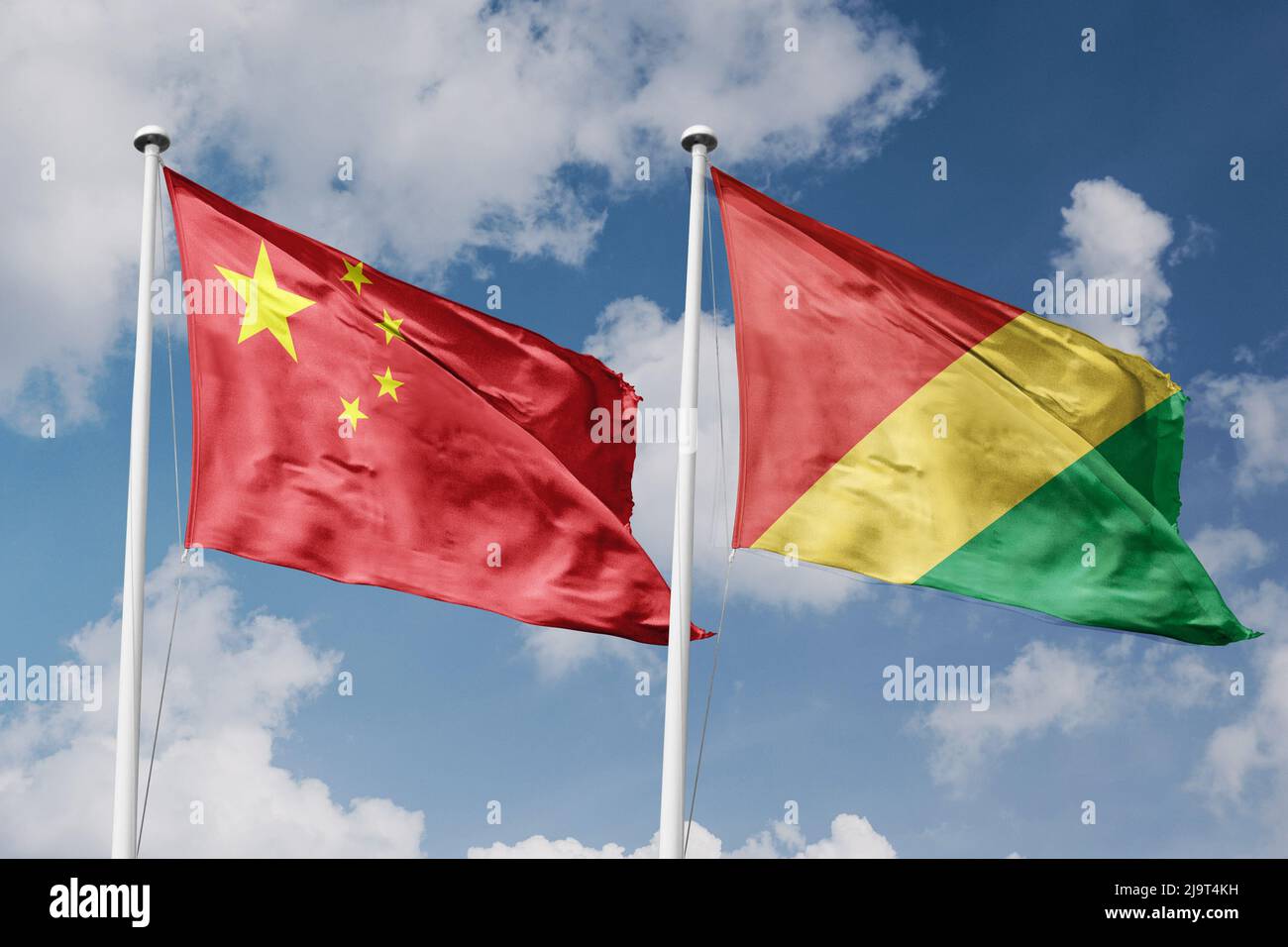 China and Republic of the Congo two flags on flagpoles and blue cloudy ...