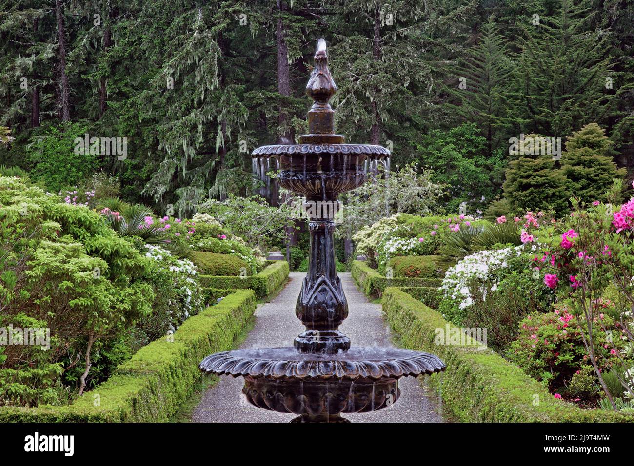 Fountain and in rhododendron garden, Shore Acres State Park, Coos Bay ...