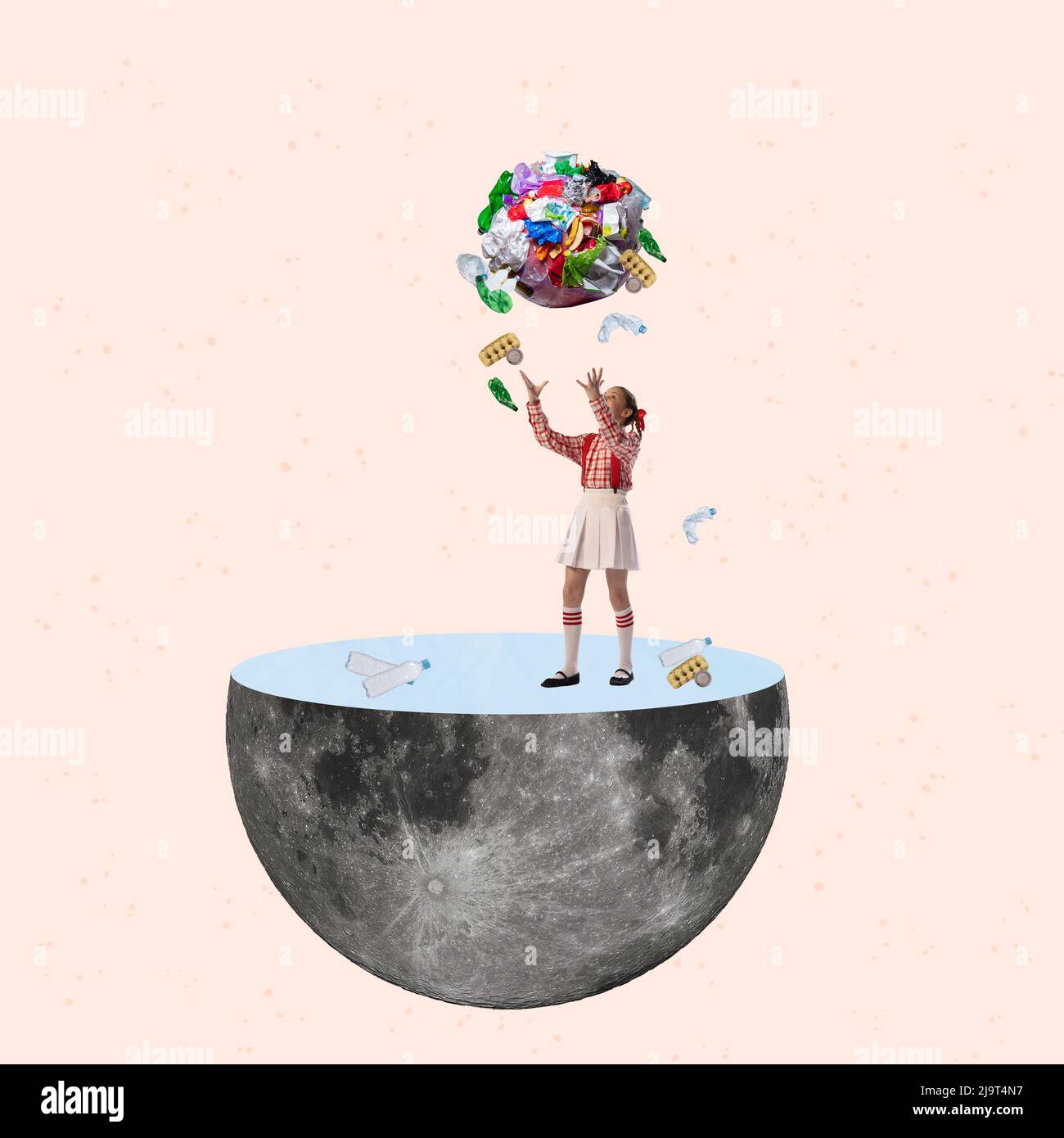 Contemporary art collage. Conceptual image with young girl standing on ...