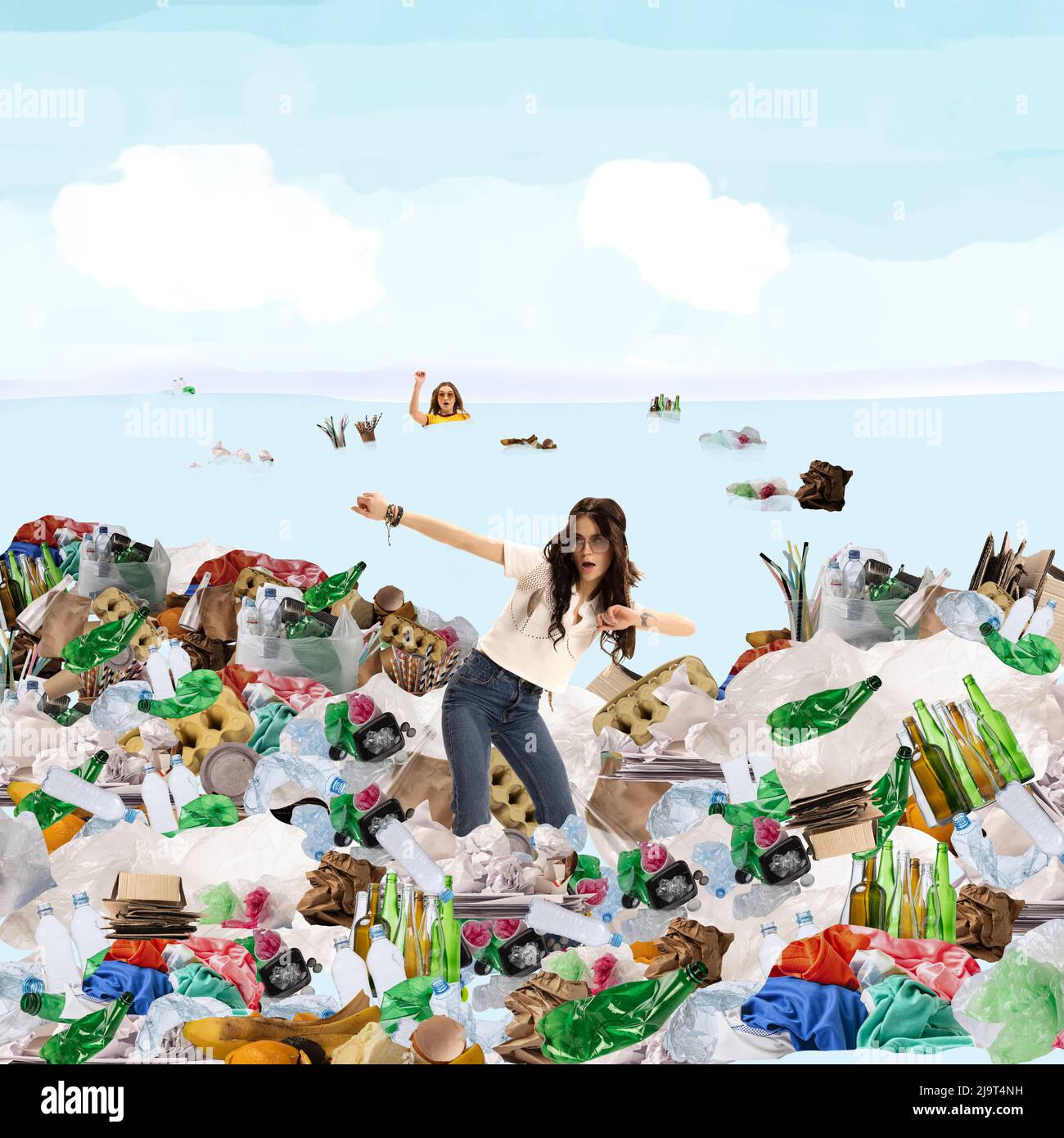 Contemporary art collage. Conceptual image of two young girls ...