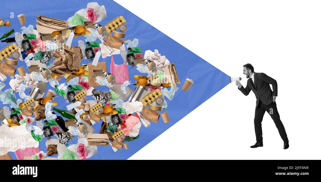 Contemporary art collage. Young man shouting in megaphone about ...