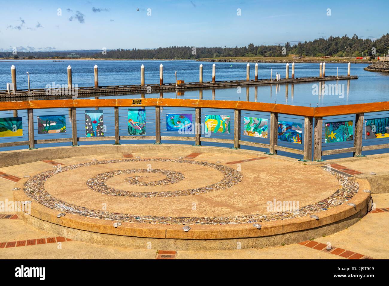 USA, Oregon, Bandon Beach. Stone designs and artwork at Bandon Marina ...