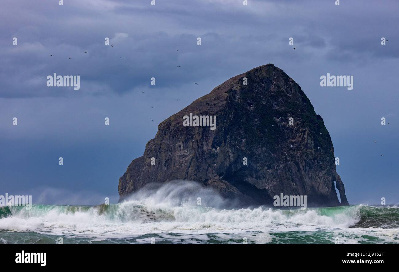 Stormy surf at Haystack Rock, Cape Kiwanda in Pacific City, Oregon, USA ...