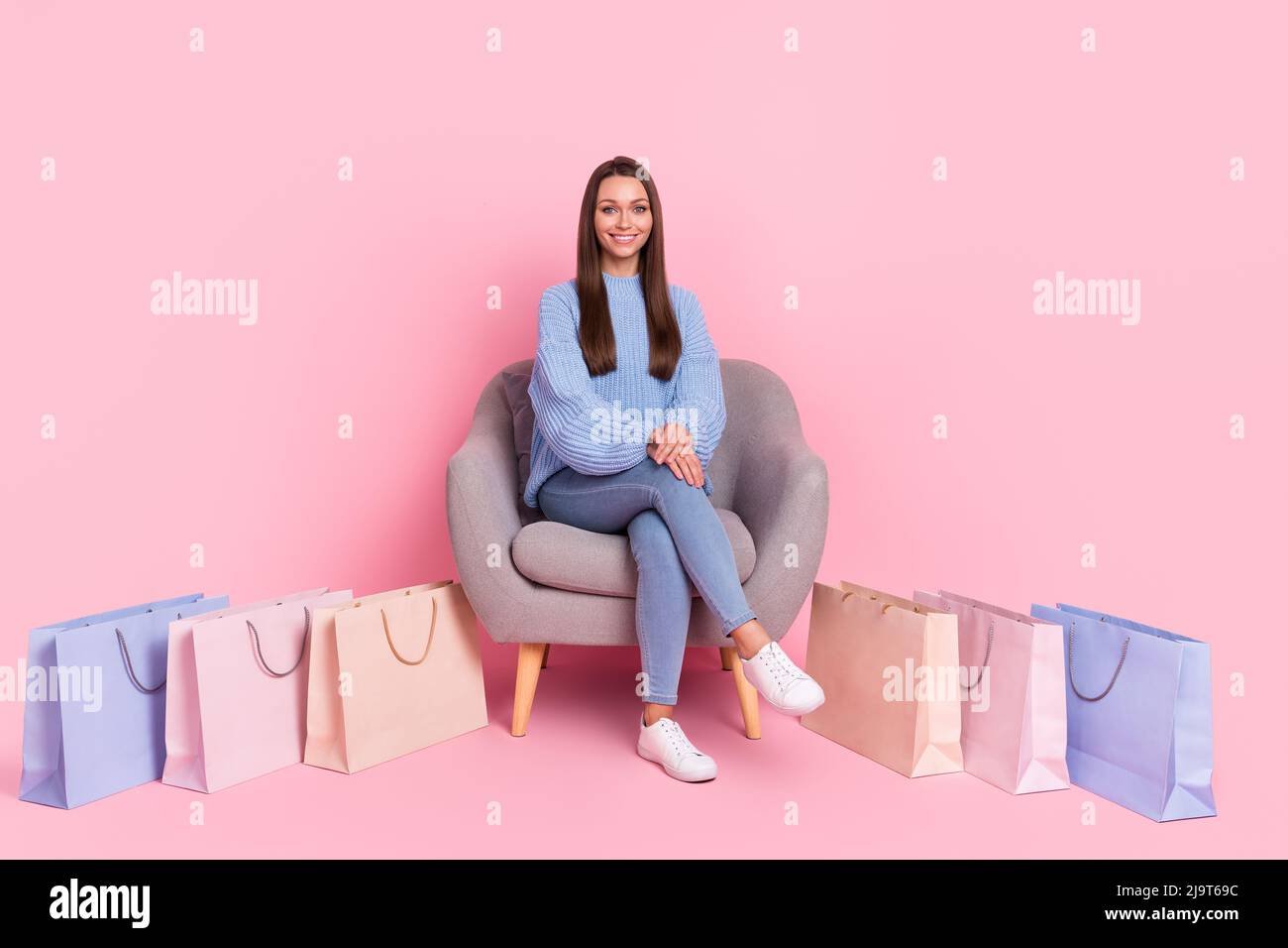 Full body photo of young pretty woman sit chair comfort shop store ...