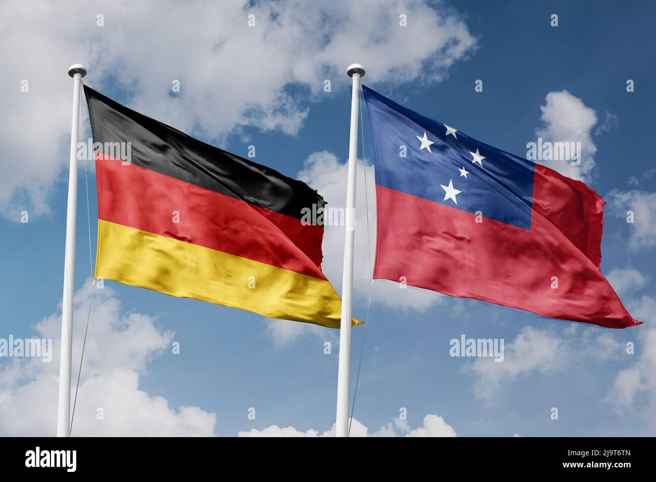 Germany and Samoa two flags on flagpoles and blue cloudy sky background ...
