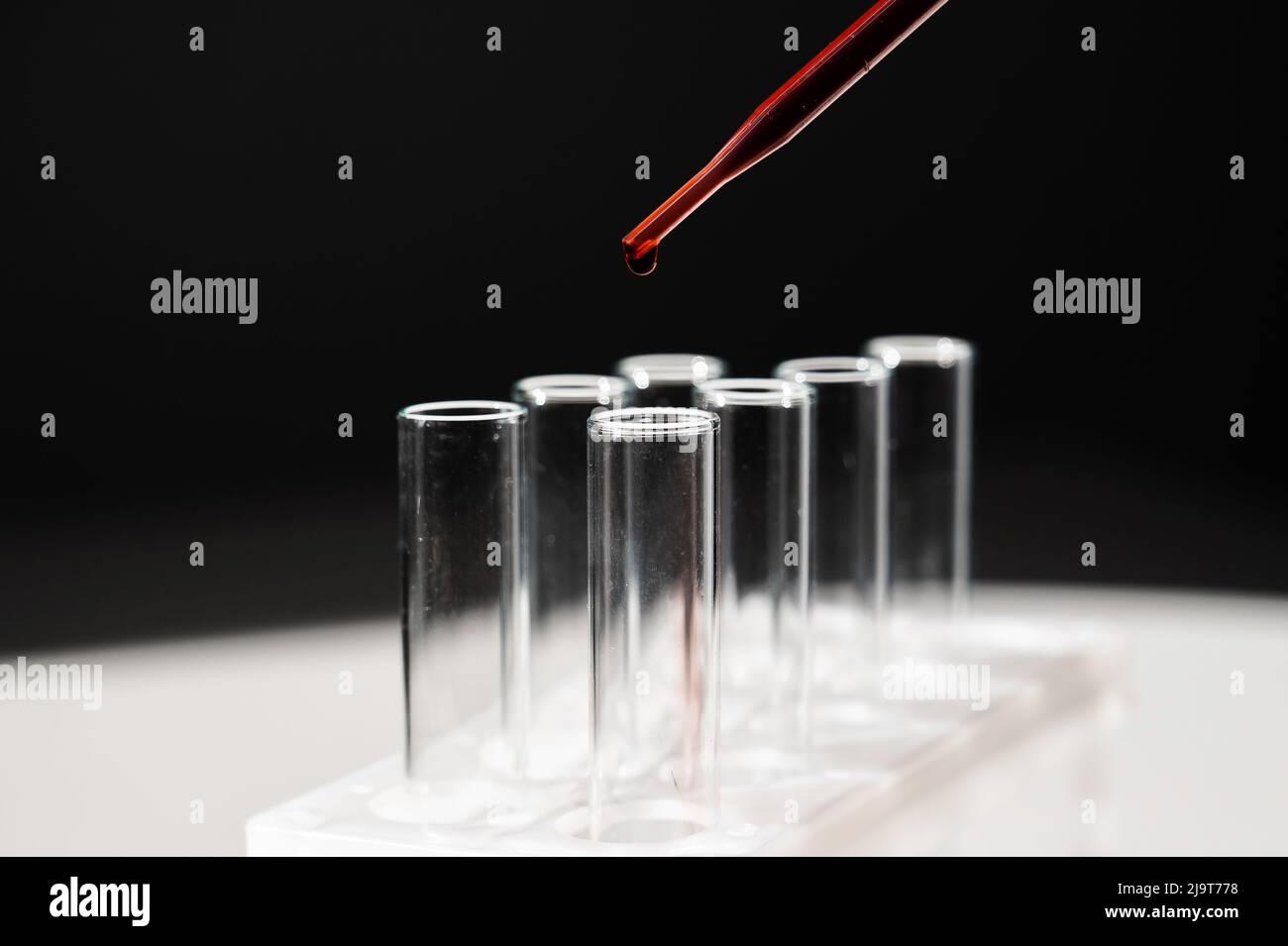 Close-up of a laboratory assistant dripping blood from a pipette into a ...