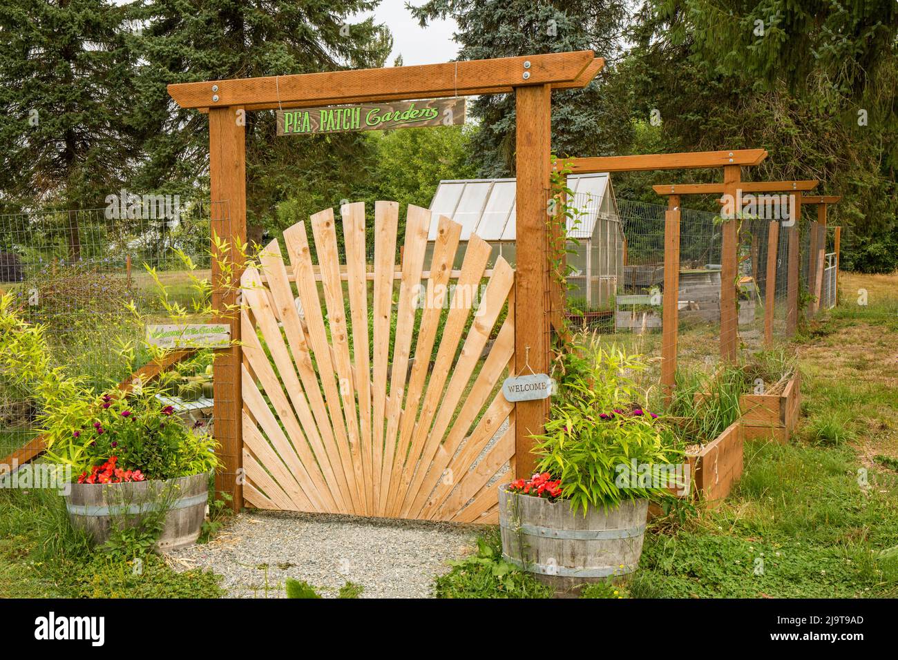 Maple Valley, Washington State, USA. Entrance to a Pea Patch garden ...
