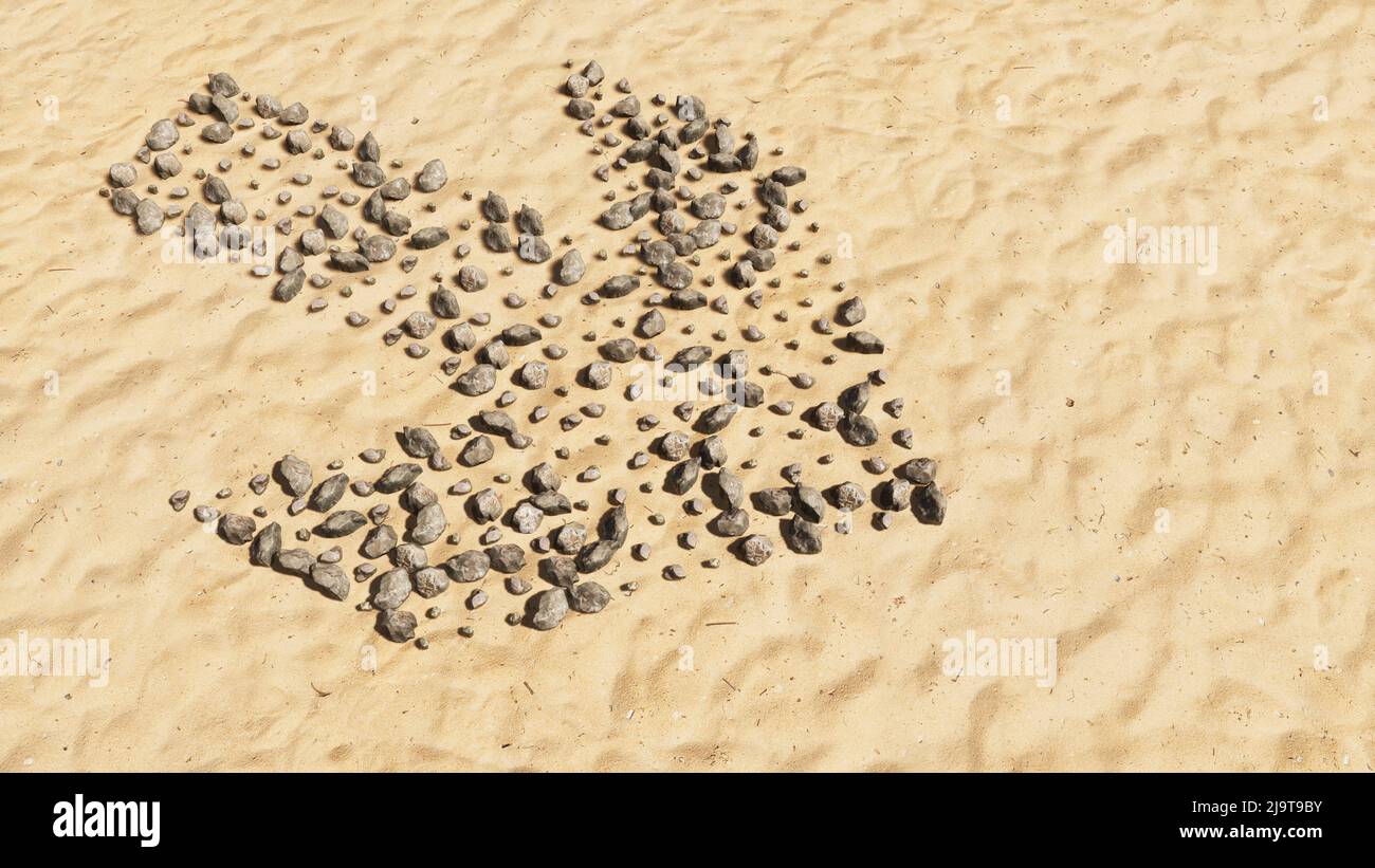 Concept conceptual stones on beach sand handmade symbol shape, golden ...
