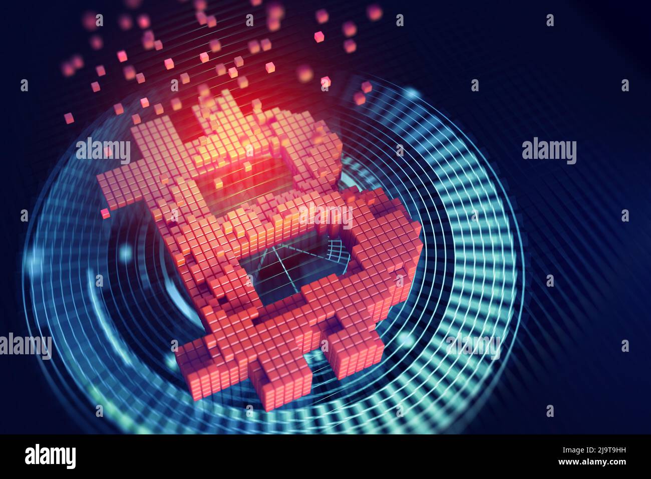 Bitcoin 3D illustration. Futuristic concept of mining cryptocurrency. Bright pixel symbol on a ...