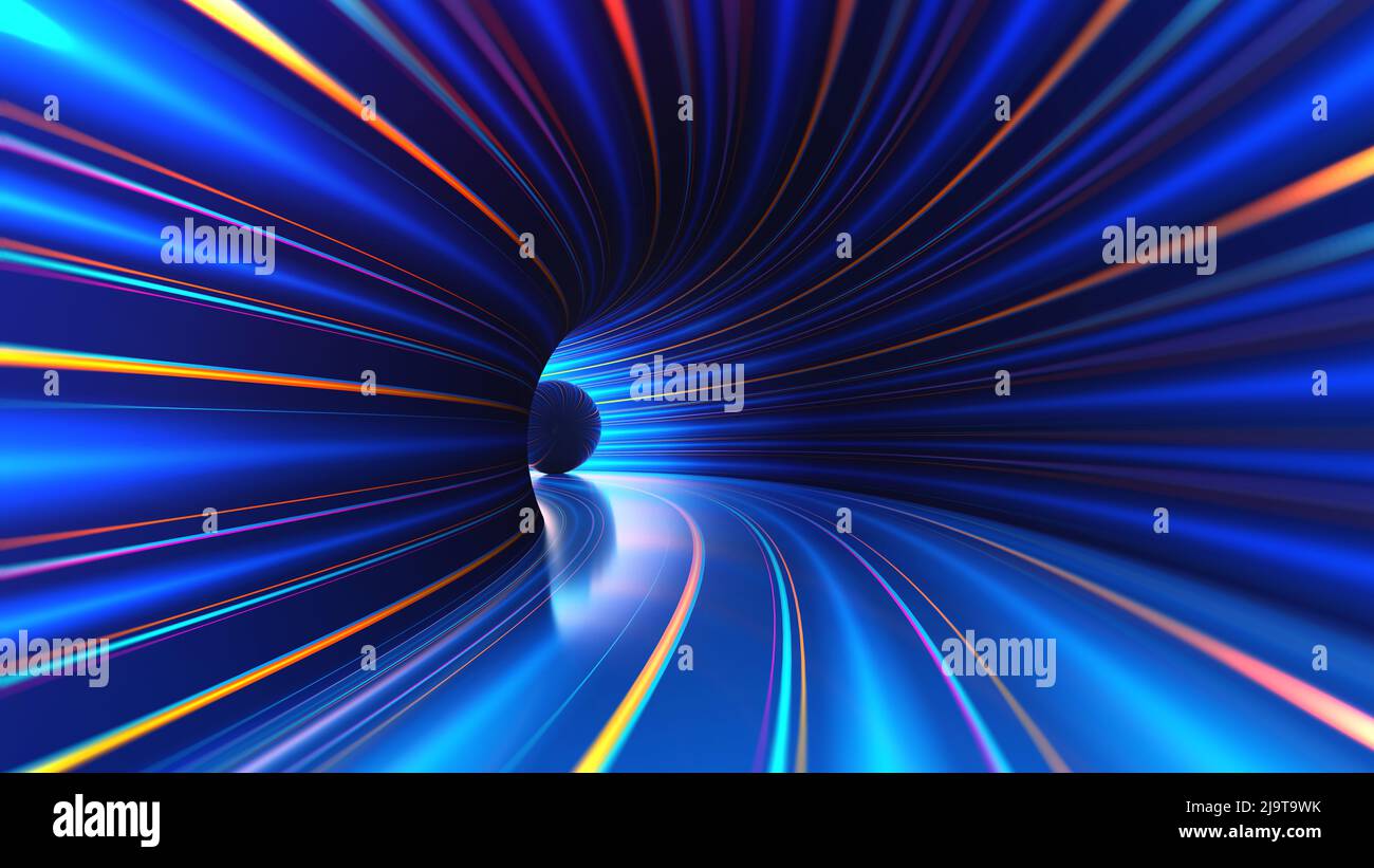Cyber virtuality in wormhole of time. 3D illustration of nano tunnel ...