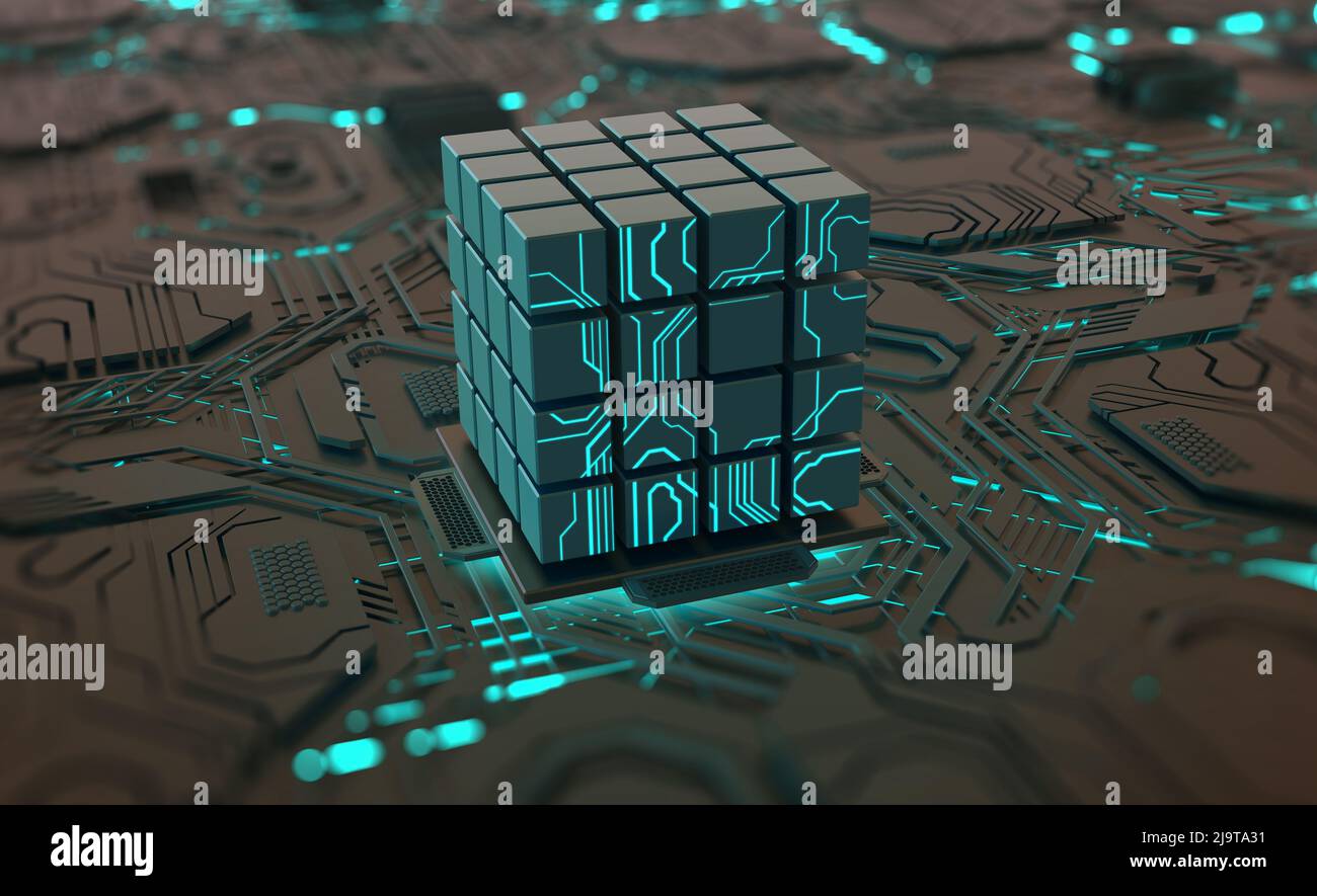 Digital circuit and quantum processor. Cybercube 3D illustration ...