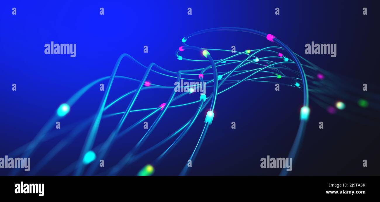Abstract nanofiber 3D illustration. Twisted lines with dots of light ...