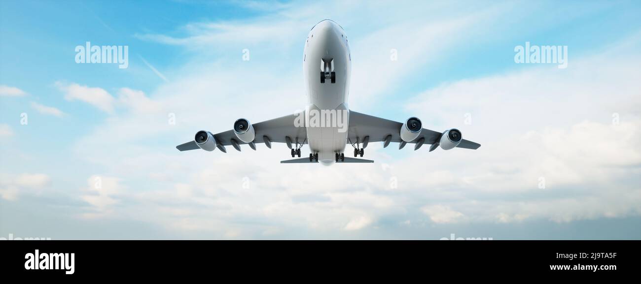 Conceptual flying white passenger jetliner or commercial plane after ...