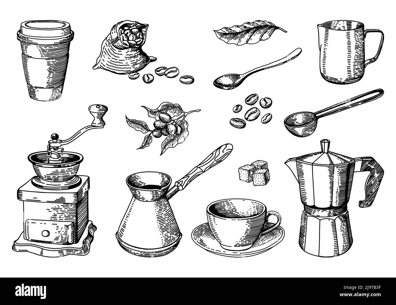 vector set of coffee sketch, freehand drawing, cup, coffee grinder ...
