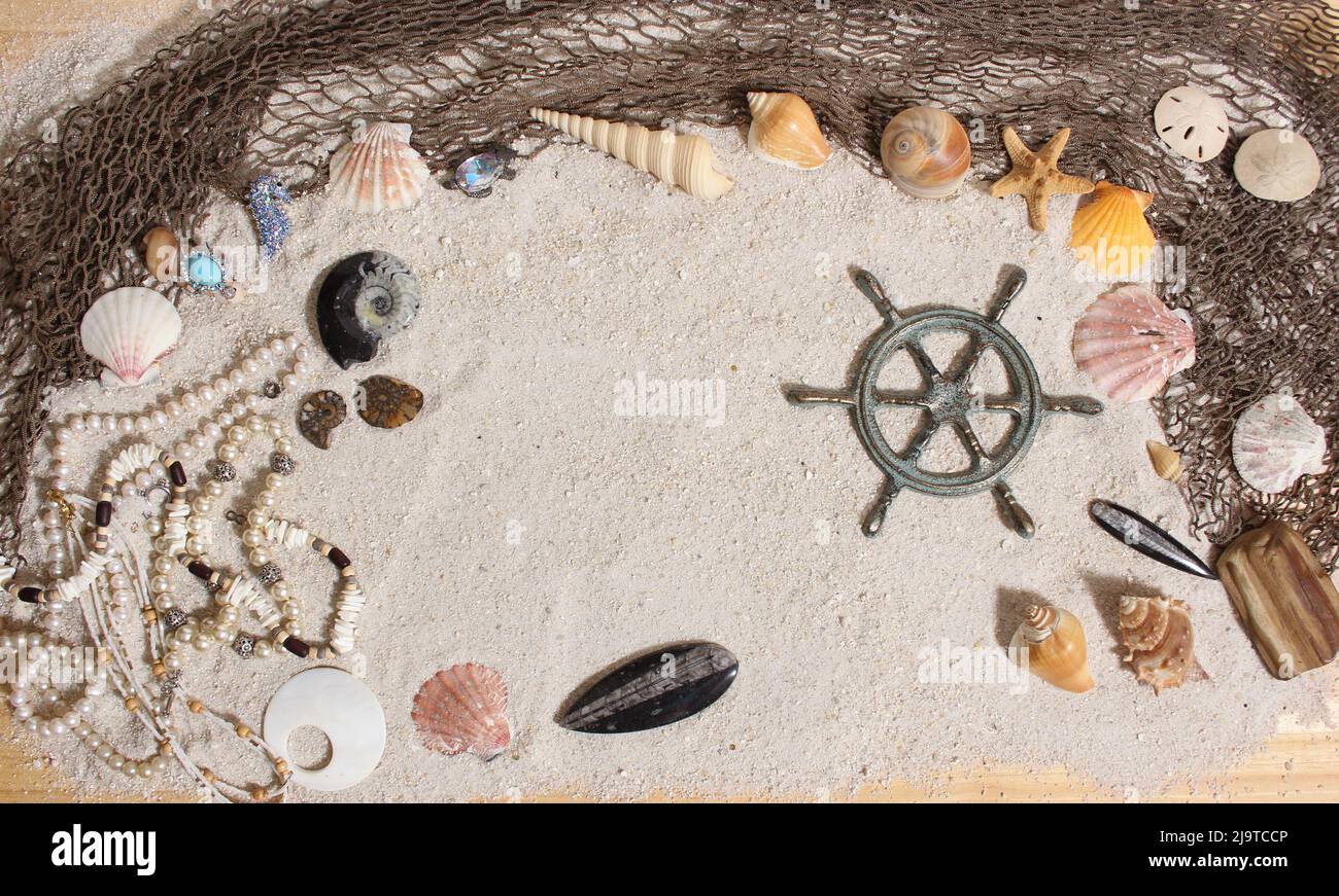 Captains Wheel With Fishing Net and Sea Shells Nautical Theme ...