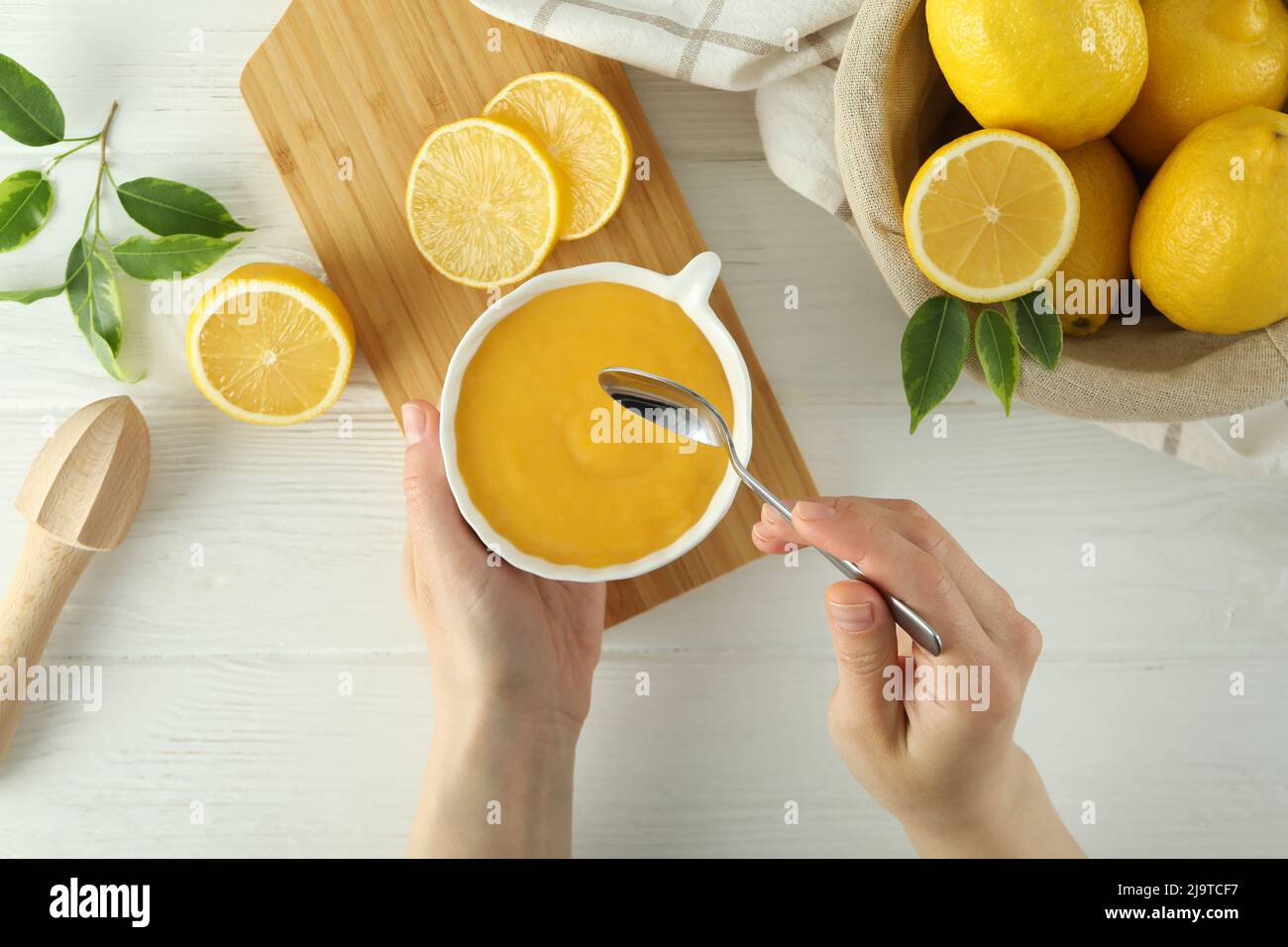 Concept of tasty food with lemon curd, top view Stock Photo - Alamy