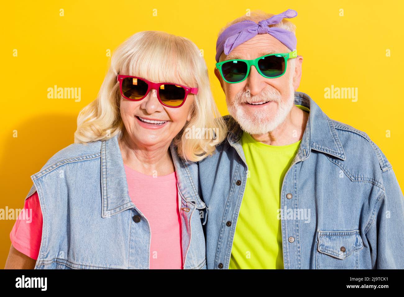 Photo of sweet charming girlfriend boyfriend dressed denim outfit dark ...