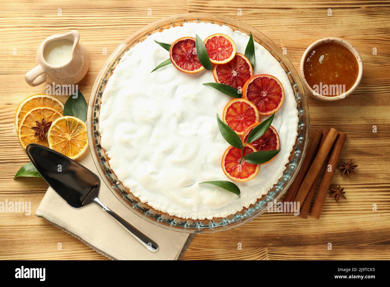 Concept of tasty dessert with meringue pie with citrus, top view Stock ...