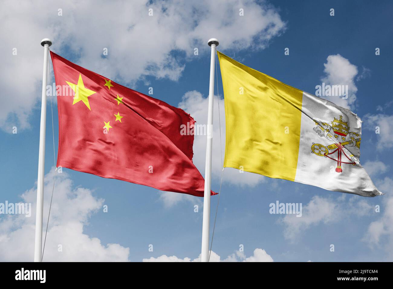 China and Vatican City two flags on flagpoles and blue cloudy sky ...