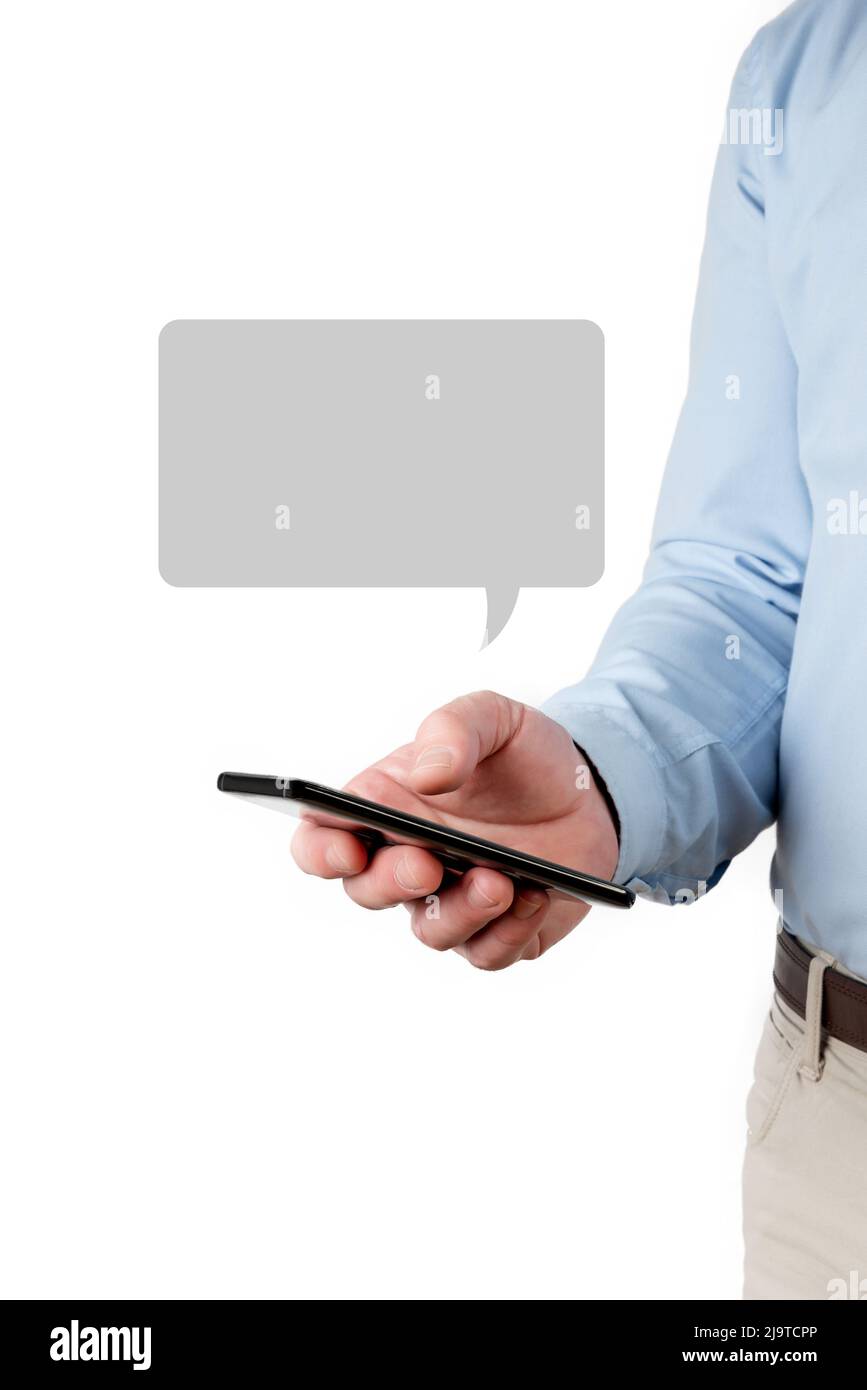 Mockup of a man using a cell phone on a white background to include ...