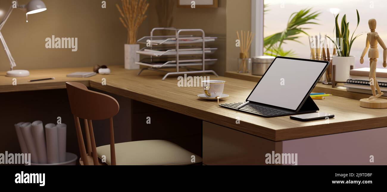 Modern comfortable workstation interior design with portable tablet ...