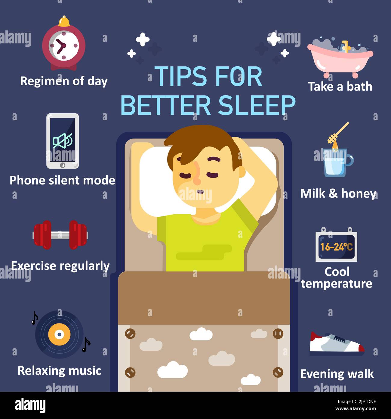 Eight tips to better sleep at night infographics. Vector flat style ...