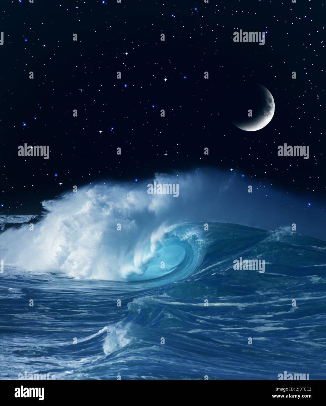 COMPOSITE CRESCENT MOON STORMY 10 METRE SHOREBREAK SEA WAVE Stock Photo ...