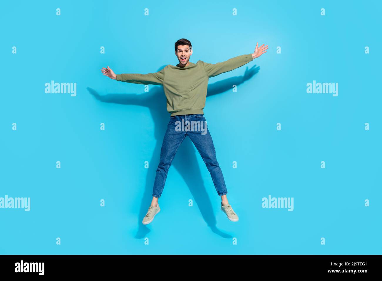 Full Size Photo Of Hooray Young Brunet Guy Jump Wear Shirt Jeans Shoes