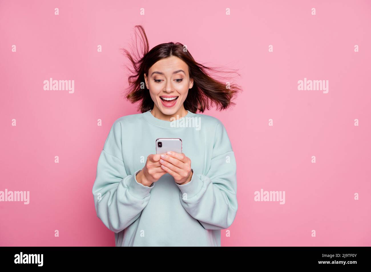 Photo of young pretty girl good news comment popular app download ...