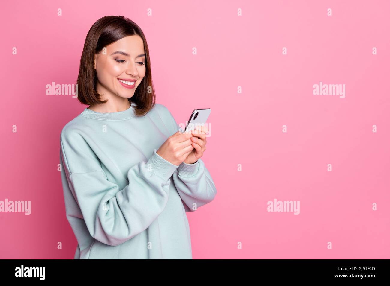 Profile side photo of young pretty woman use cellphone comment app ...