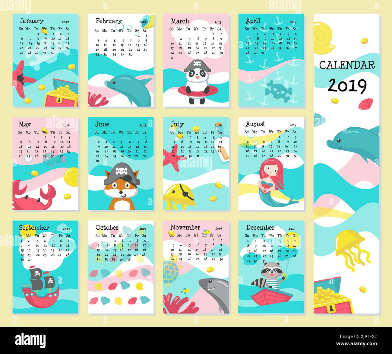 Year 2019 calendar vector template. Yearly calendar showing months with ...