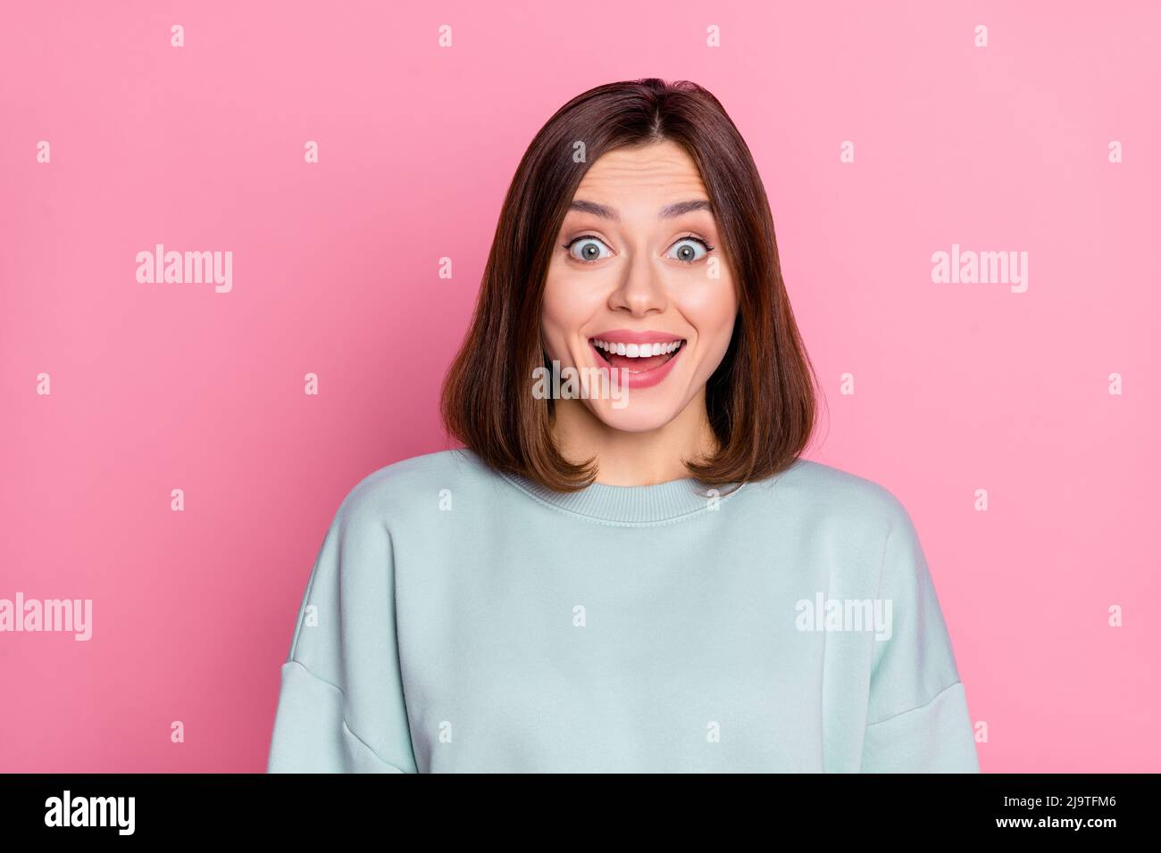 Photo of young pretty impressed girl face reaction discount information ...