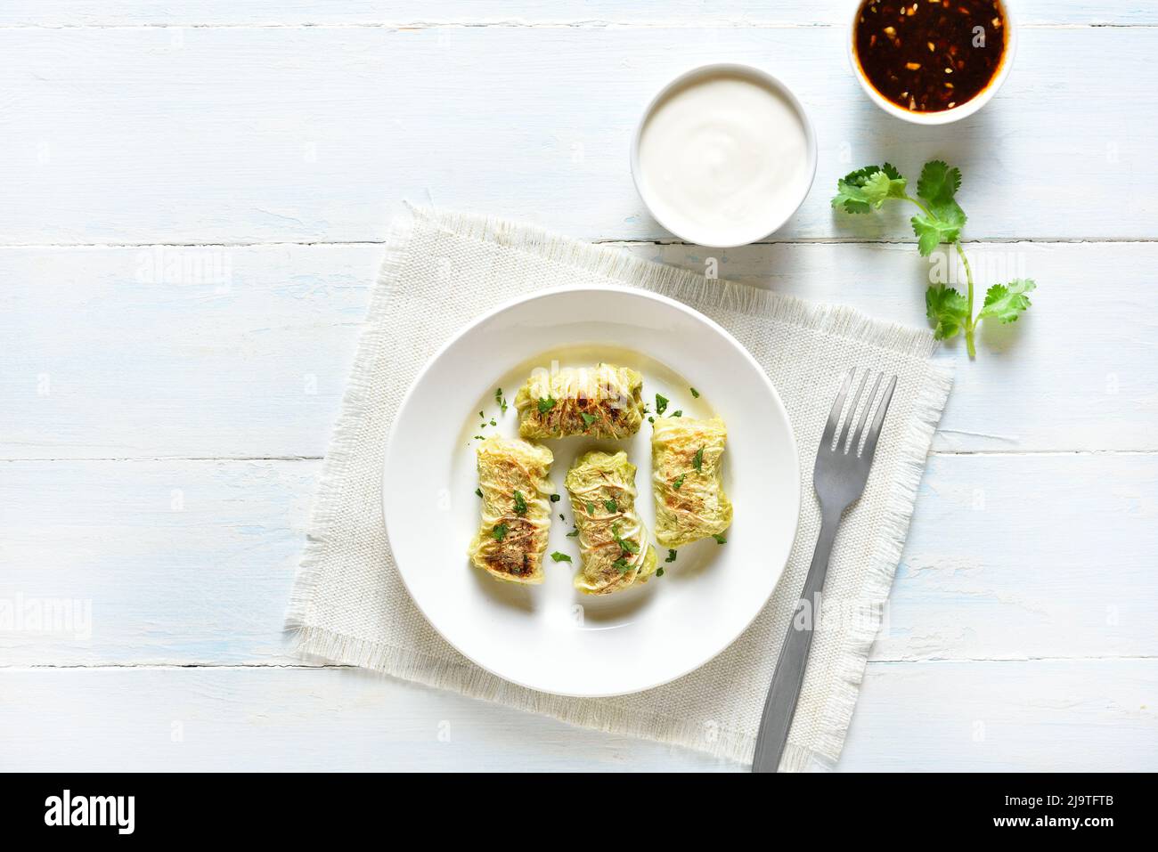 Cabbage rolls stuffed with meat with sauce over light wooden background ...