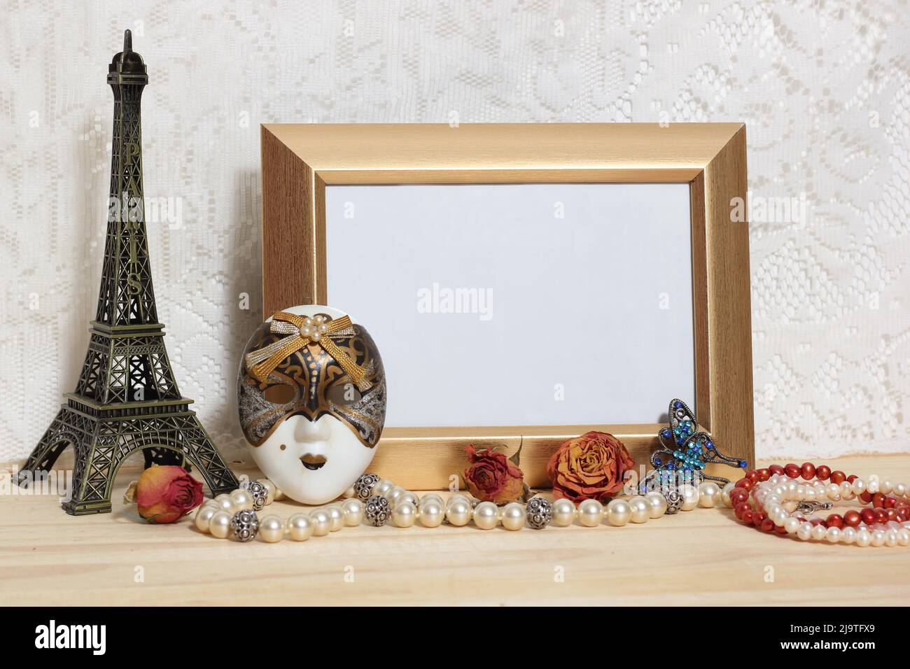 Empty Photo Frame With Eiffel Tower and Carnival Mask on Lace ...