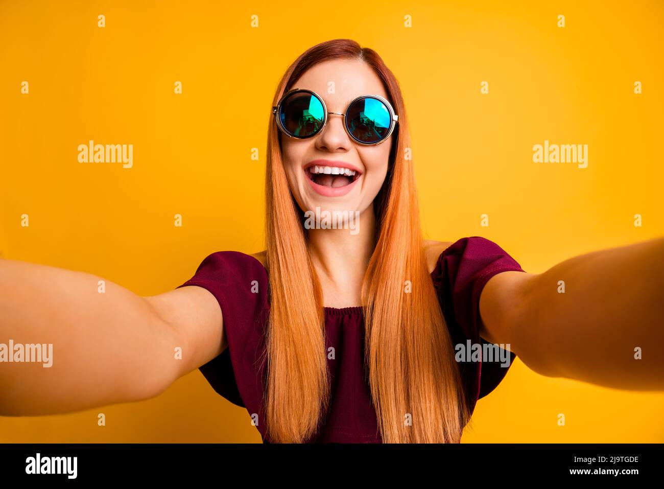 Photo of pretty positive person make selfie recording video toothy ...