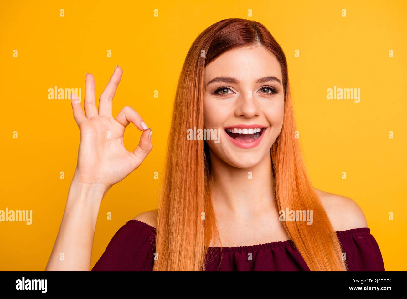 Portrait of cheerful gorgeous lady hand fingers demonstrate okey symbol ...