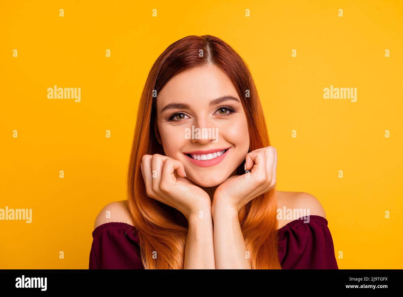 Photo of satisfied glad young person hands touch cheeks toothy beaming ...