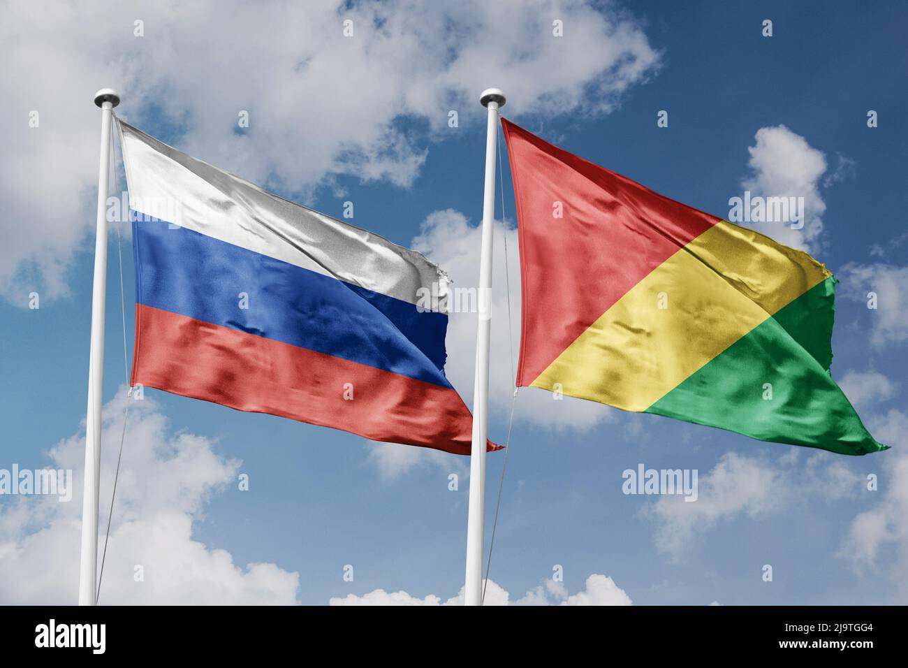 Russia and Republic of the Congo two flags on flagpoles and blue cloudy ...