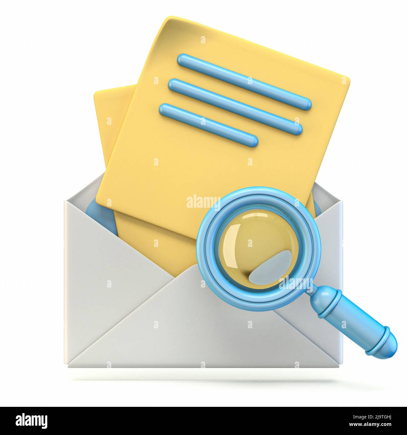 Mail icon with magnifying glass and documents pages 3D render ...