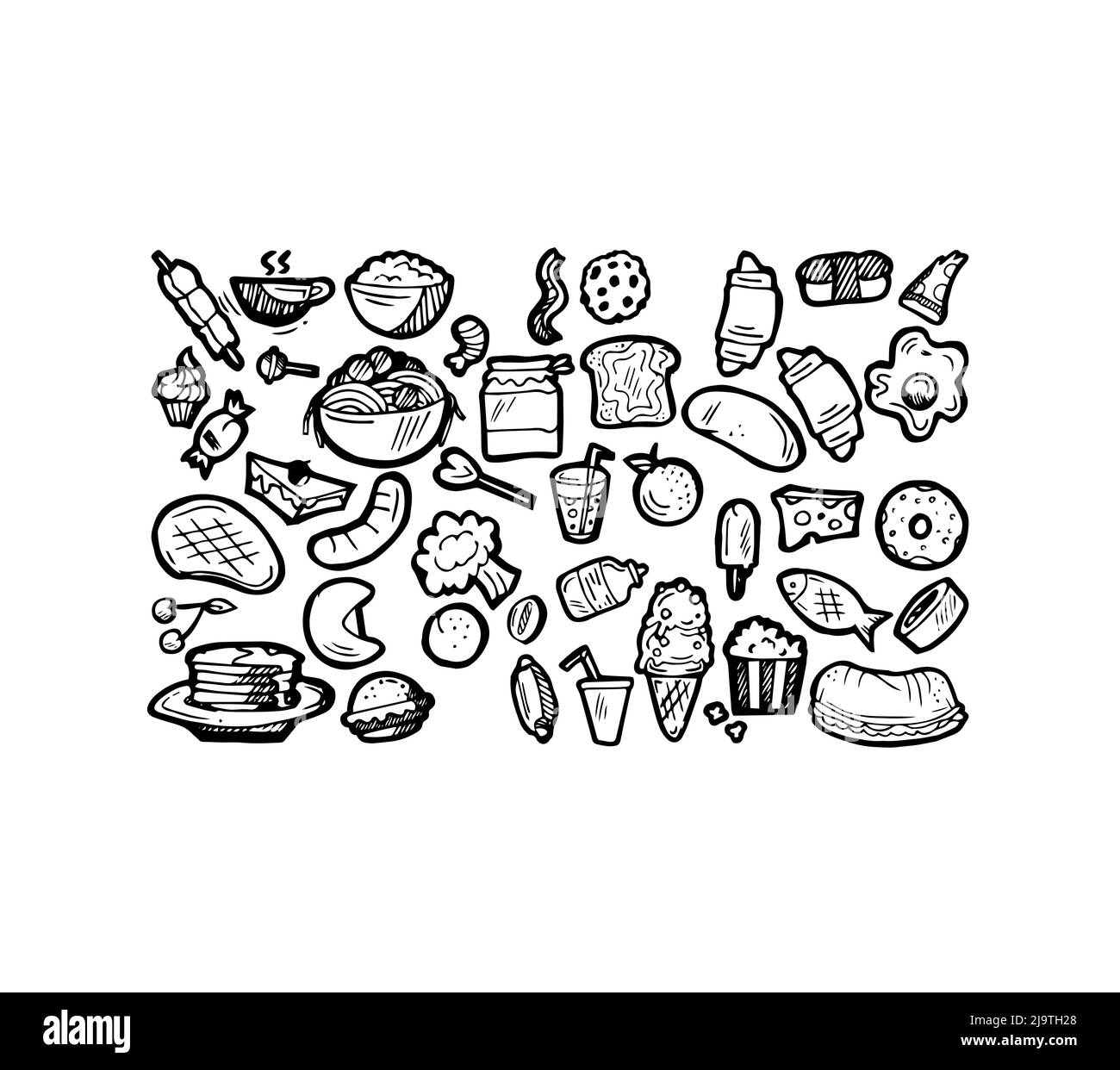 Set of food. Baking buns and meat dishes. Hand drawing outline ...