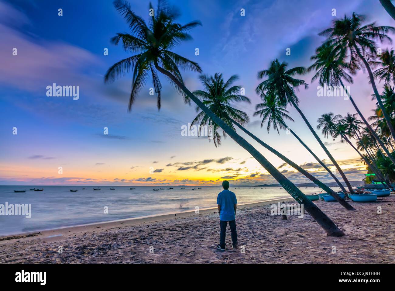 Sunset on the beach with tilted coconut tree beautiful golden sky Stock ...