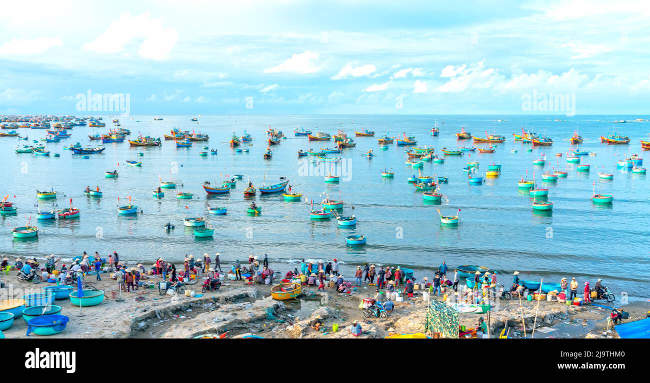 Mui Ne fish market seen from above, the morning market in a coastal ...