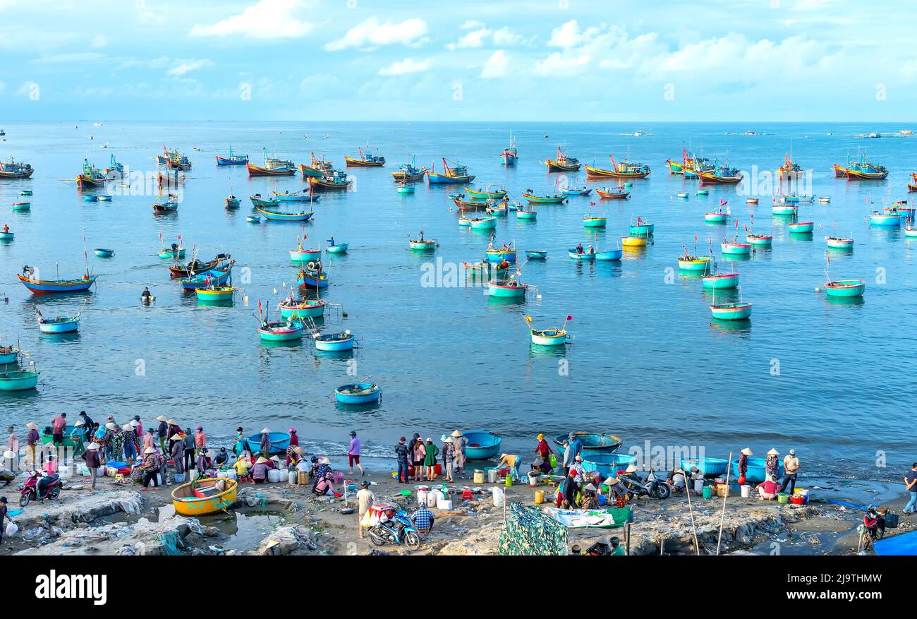 Mui Ne fish market seen from above, the morning market in a coastal ...