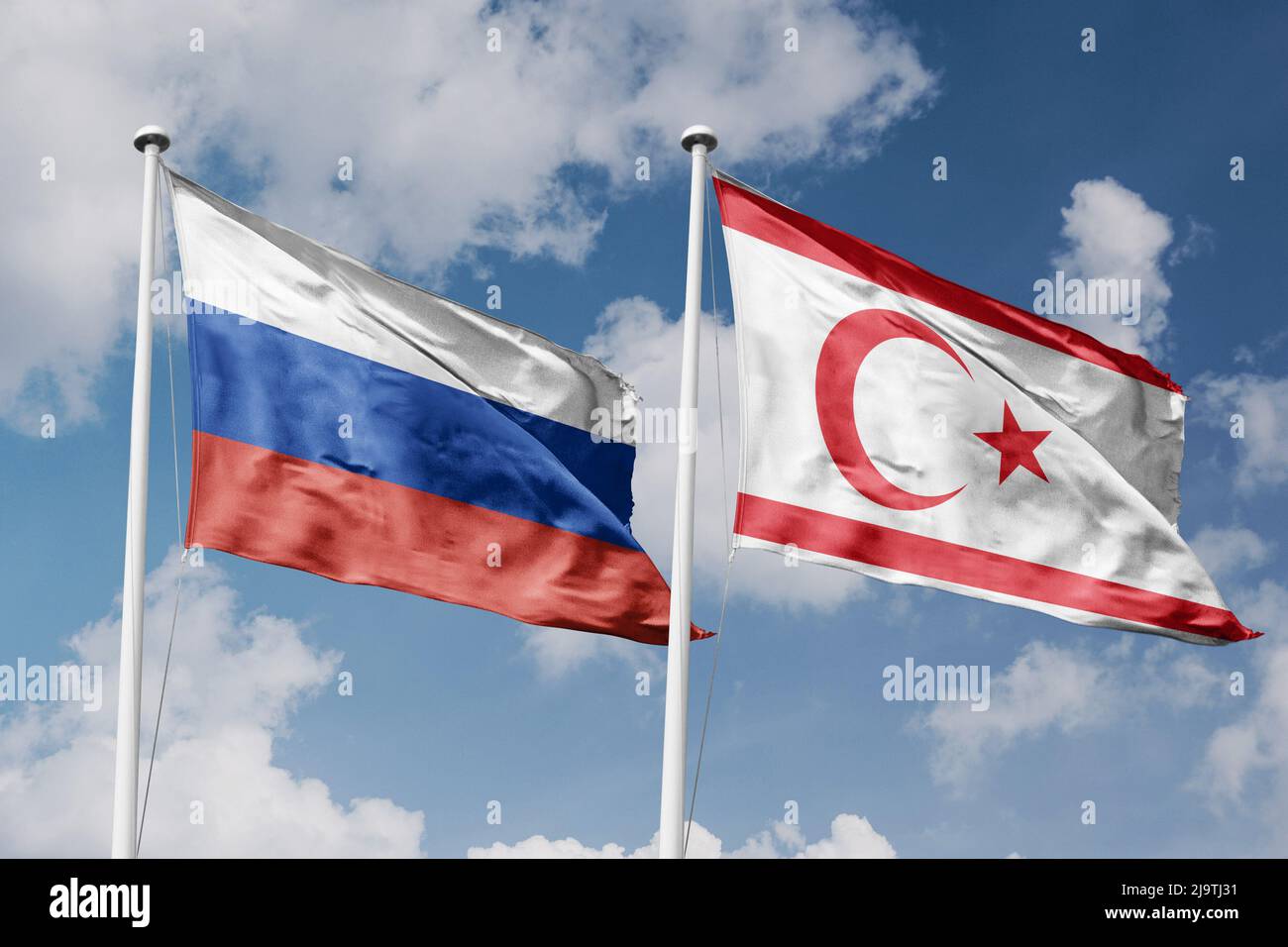 Russia and Turkish Republic of Northern Cyprus two flags on flagpoles ... Russia and Turkish Republic of Northern Cyprus two flags on flagpoles ...