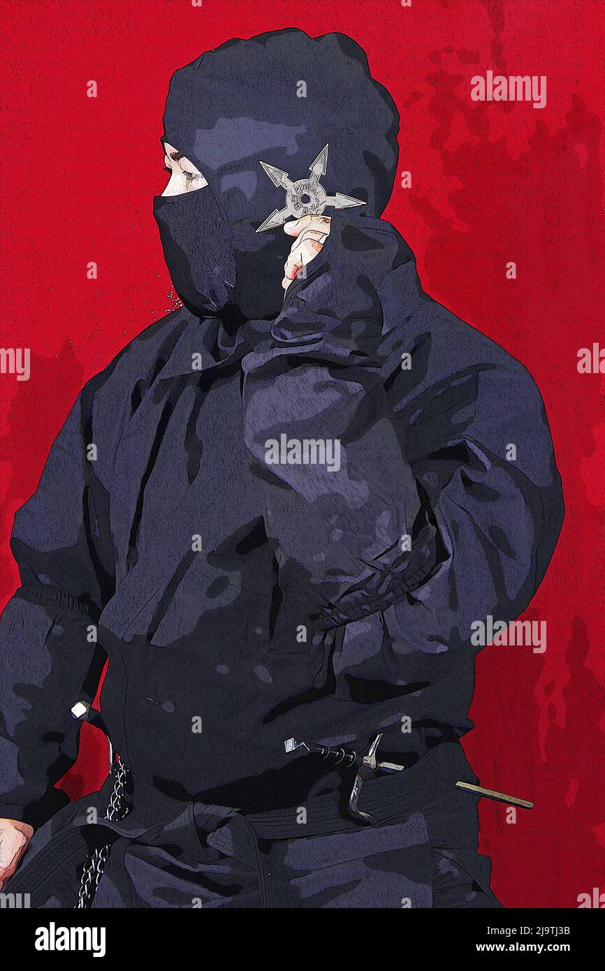 Ninja With Throwing Star Weapon and Red Background Comic Style ...