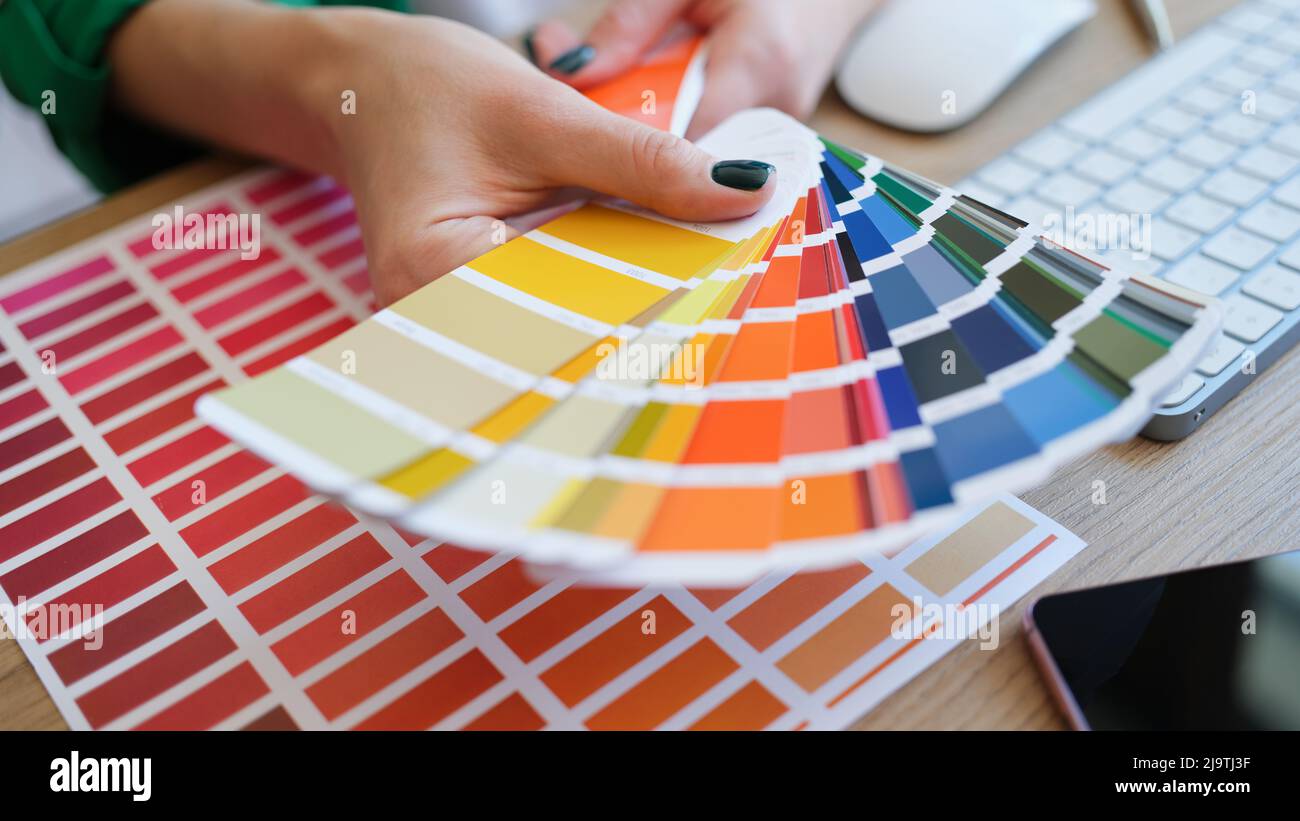 Graphic designer is working on choosing palette colors for creative ...