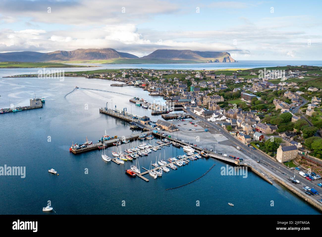 Aerial view of Stromness harbour, Stromness, Orkney mainland, Scotland ...